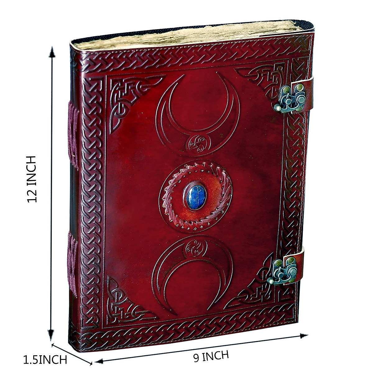 cuero 3 Moon Blue Lapiz Embossed Vintage Leather Journal | 240 Pages of Antique Handmade Deckle Edge Vintage Paper, Leather Sketchbook, Drawing Journal, Great Gift (9 inch 12 inch, brown)