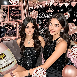 80th birthday decorations for women - (76pack) rose gold party Banner, Pennant, Hanging Swirl, birthday Balloons, Foil Backdrops, cupcake Topper, plates, Photo Props, Birthday Sash for gifts women