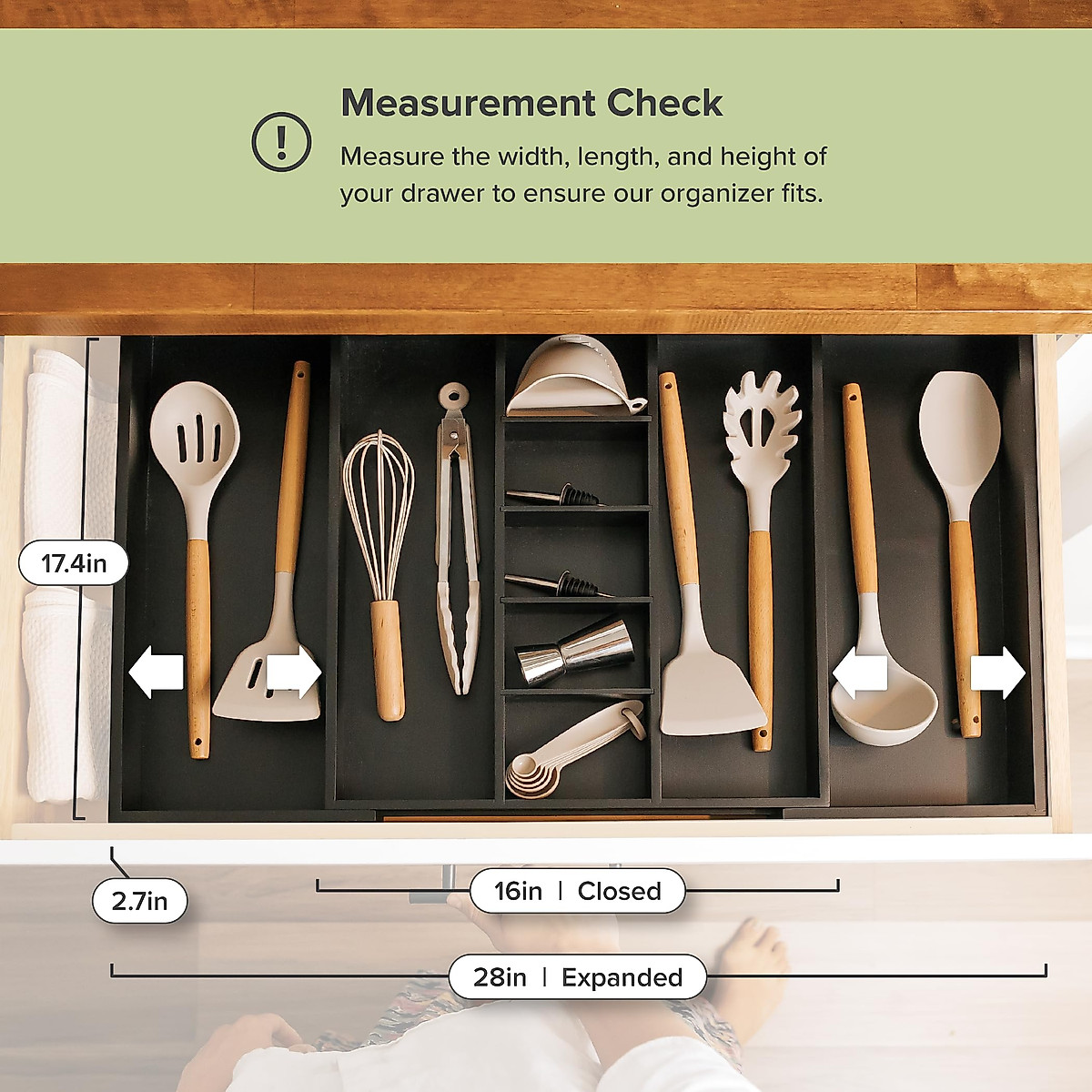 KitchenEdge Adjustable Kitchen Drawer Organizer for Utensils and Junk, Food-Safe Contract Grade with 100% Sustainable Wood, Non-Slip, Expandable from 16 to 28 Inches Wide - Black Bamboo