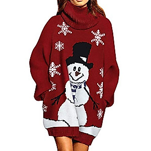 Pink Queen Women Oversize Turtleneck Santa Snowman Christmas Pullover Sweater Dress L Wine Red