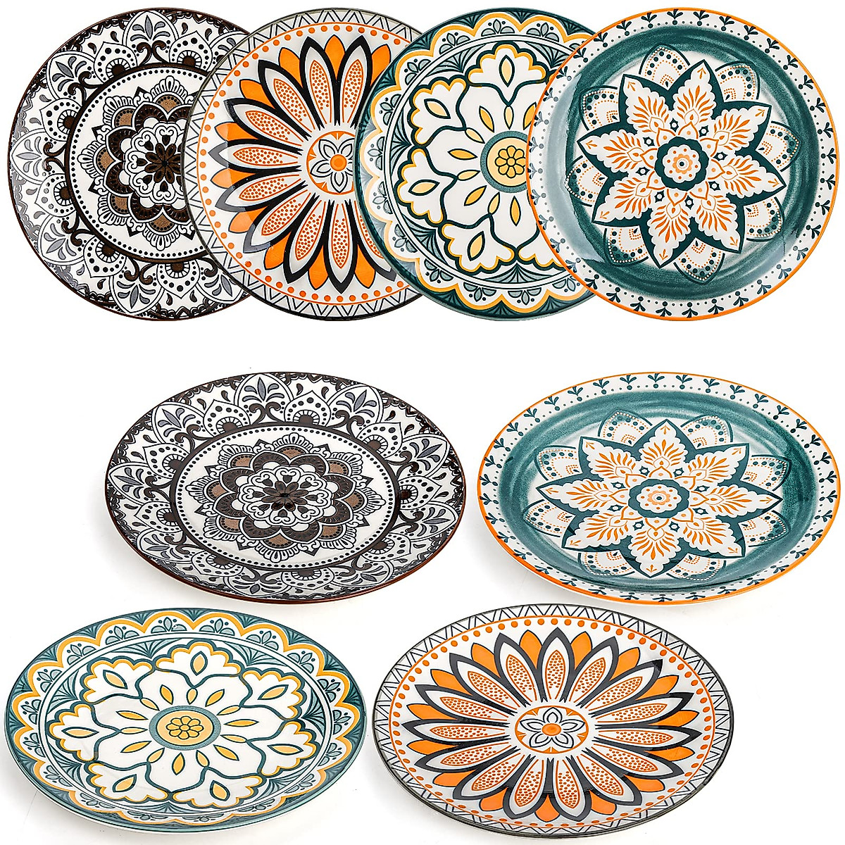 Foraineam 8 Pieces Salad Plates, 8.5 Inch Porcelain Floral Dessert Plates, Colorful Round Lunch Plate Sets for Appetizer Salad Fruit Snack, Dishwasher and Microwave Safe