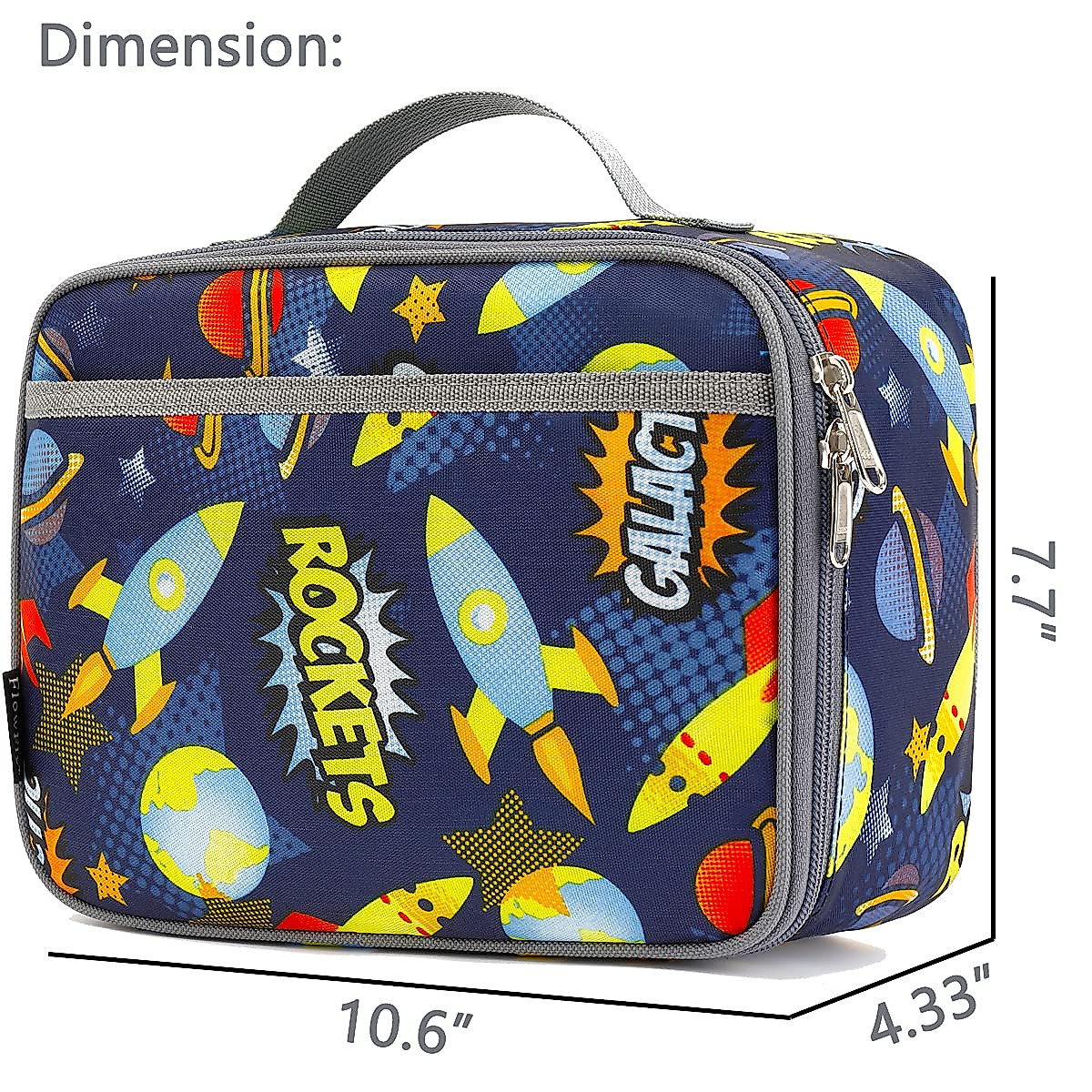 FlowFly Kids Lunch box Insulated Soft Bag Mini Cooler Back to School Thermal Meal Tote Kit for Girls, Boys, Outer Space Rocket Ships in Dark Navy Blue