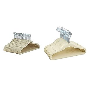 Amazon Basics Slim, Velvet, Non-Slip Suit Clothes Hangers, Ivory/Silver - Pack of 50 & Kids Velvet, Non-Slip Clothes Hangers, Beige - Pack of 30