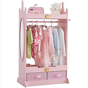 GTOLV Kids Dress Up Storage with Mirror, Kids Armoire with Non-Woven Drawers, Open Costume Closet with Hanging Rack for Toddlers (Pink)