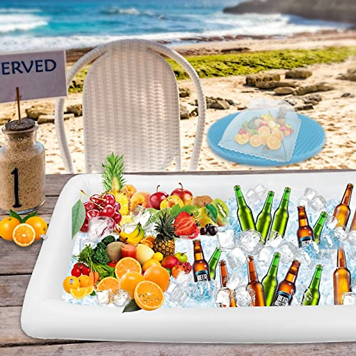 Large Inflatable Serving Bar Kit 1+4Pcs, Luxiv Salad Food Drinks Tray for Picnic Pool Cooler Ice Buffet Party Camping Inflatable Salad Serving Trays with Drain Plug, Large Food Mesh Cover, Inflator…