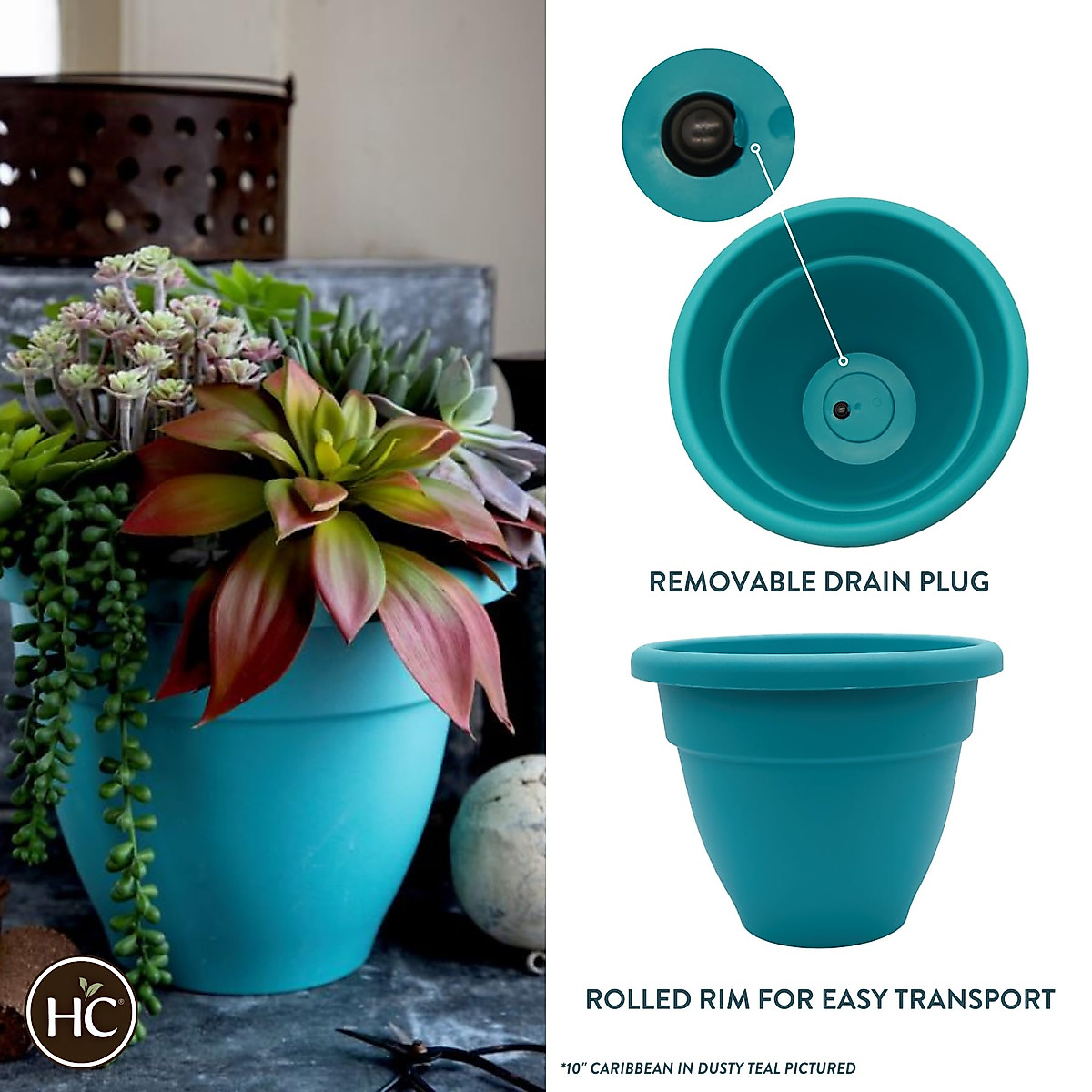 The HC Companies 6 Inch Caribbean Planter - Lightweight Indoor Outdoor Plastic Plant Pot for Herbs and Flowers, Dusty Teal