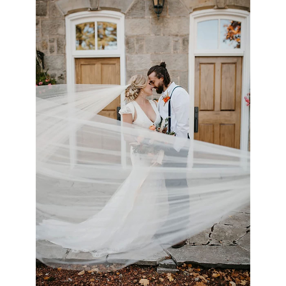 Unsutuo Bride Wedding Veil 1 Tier Cathedral Veil Bridal Tulle Veil with Comb Drop Veil for Women and Girls (59"W-212"L,White)