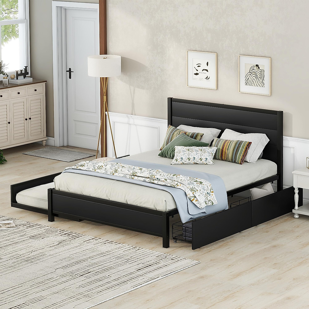 VilroCaz Queen Size Heavy Duty Metal Platform Bed with Twin Size Trundle and 2 Drawers, Mattress Foundation Platform Bed Frame with Headboard and Solid Slats Support for Bedroom Guest Rooms