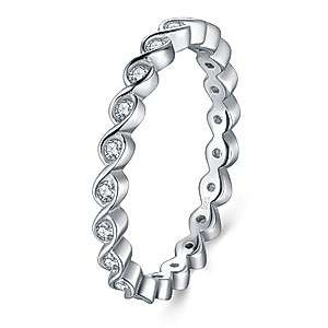 2MM 925 Sterling Silver Ring, Boruo Cubic Zirconia CZ Wedding Band Stackable Ring Size 8