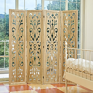 Svimi Folding Room Divider, 66.9 Inch Wood Carved Privacy Screens, Free Assembled Freestanding Portable Classical Decorative Partition for Home Office Restaurant Bedroom (4 Panels, Natural)