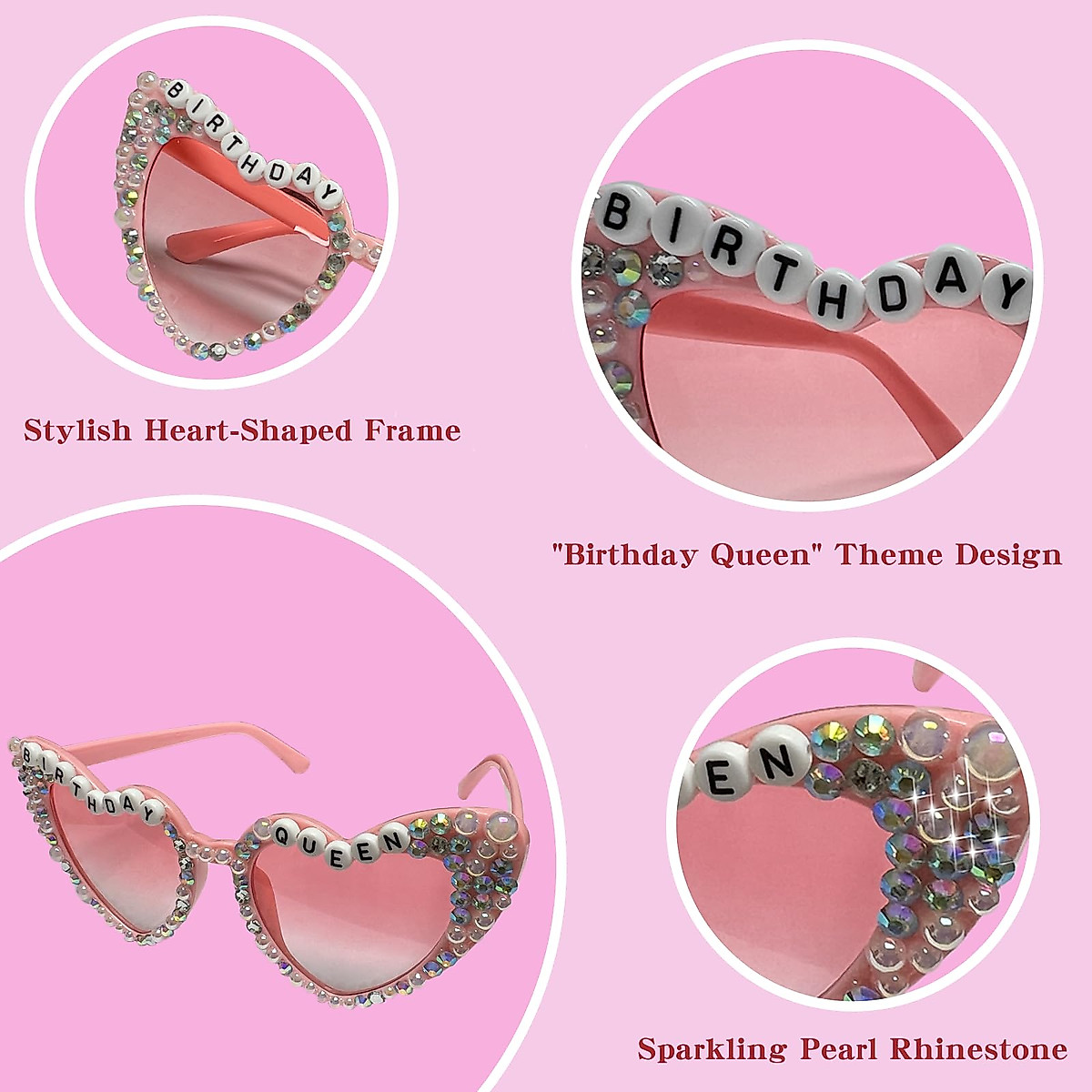 ZEBSF Birthday Queen Glasses for Women - Pink Heart Birthday Pearl Sunglasses for Funny Happy Birthday Gifts Accessories Party Favors Birthday Decorations