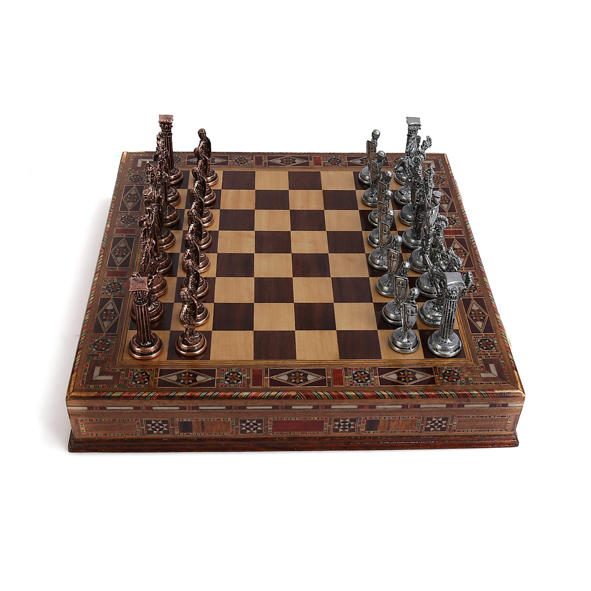 GiftHome Medieval British Army Antique Copper Metal Chess Set for Adults,Handmade Pieces and Natural Solid Wooden Chess Board with Storage Inside King 3.35inc