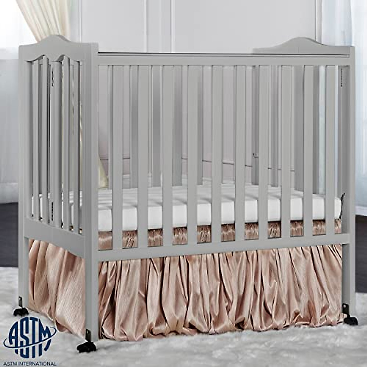 Dream On Me 2-in-1 Lightweight Folding Portable Stationary Side Crib in Pebble Grey, Greenguard Gold Certified, Baby Crib to Playpen, Folds Flat for Storage, Locking Wheels