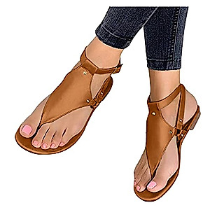 Sandals for Women Dressy Summer,Women's Casual Thong with Ankle Strap Sandals Flat Shoe Open Toe Ladies Wide Width Trendy Beach Walking Shoes (Brown, 9)