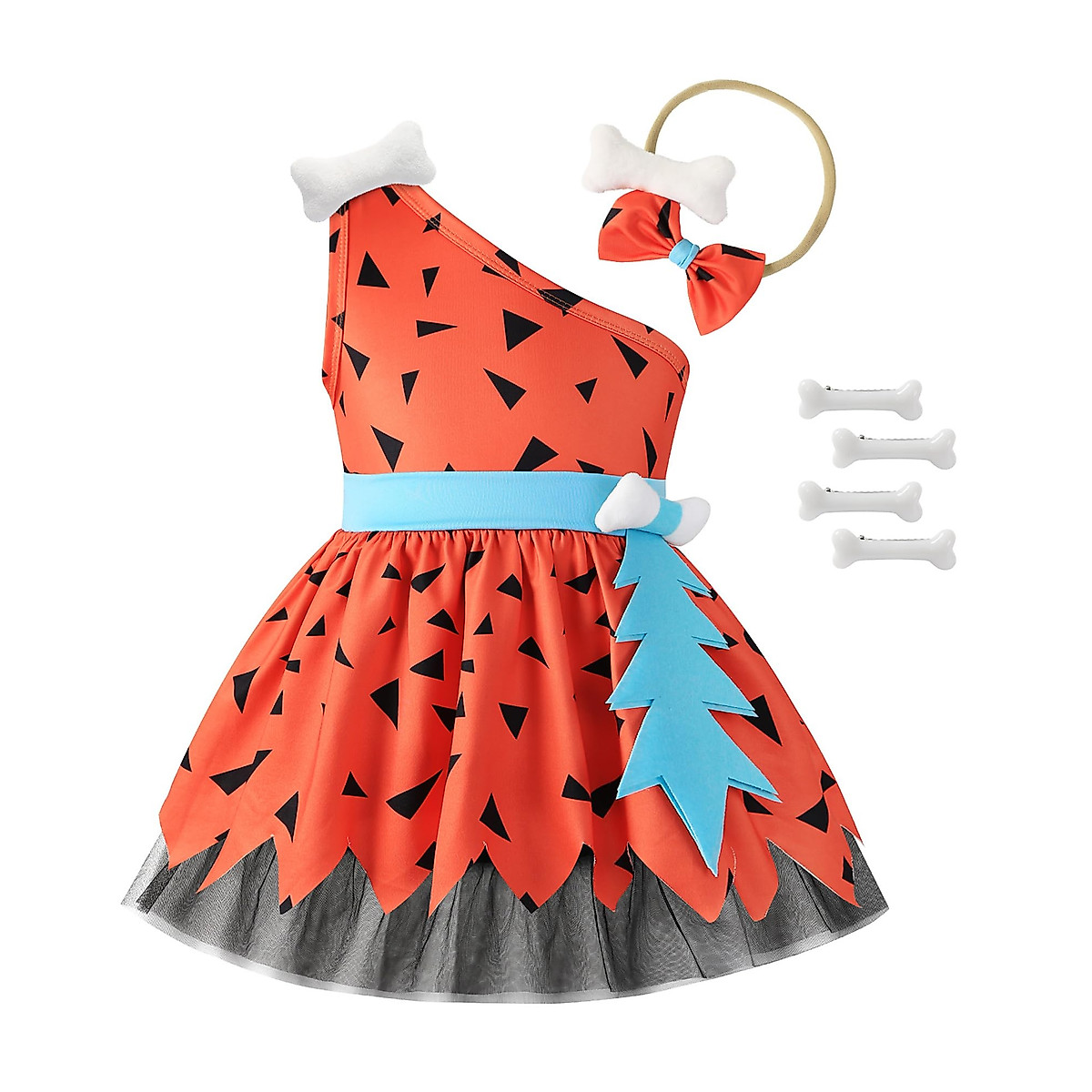 Obavioy Baby Girl Caveman Costume Toddler Cavegirl Dress with Bone Headband Hair Clips Halloween Party Outfit Orange 12-18 Month