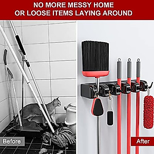 LETMY Mop and Broom Holder Wall Mount, Heavy Duty Broom Hanger Garden Tool Organizer Home Cleaning Supplies Organizations Storage Rack with 5 Position 6 Hooks for Home Kitchen Garden Laundry Room