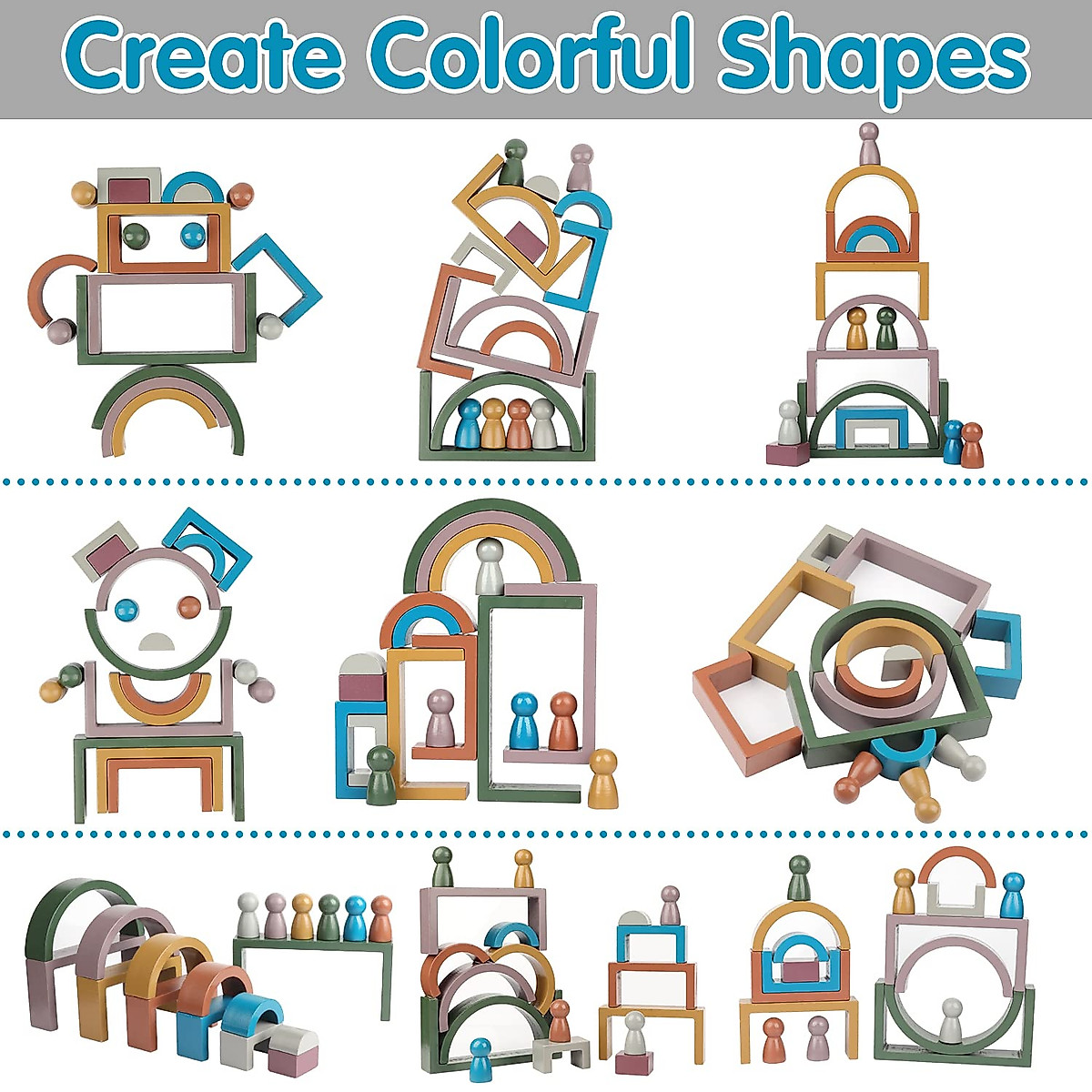 Arber Wooden Rainbow Stacking Montessori STEM Toy - Educational Learning Sensory Activity for Toddlers and Kids, Preschool Building Blocks Ages 1-2-3-4-5+ Years Old - 19 Pcs Gift Set