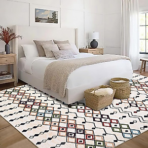 Zacoo Washable Rugs 4x6 Rug for Living Room Bobemian Colorful Rug Low Pile Bedroom Rugs Modern Rug Floor Mat Non Slip Area Rugs Soft Faux Wool Throw Rugs for Office Classroom, Beige