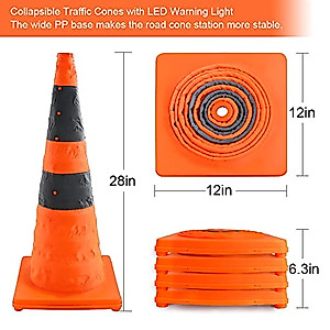 WHDZ 28 inch Collapsible Traffic Cones with LED Light Multi Purpose Pop up Reflective Safety Cones 4 Pack Orange