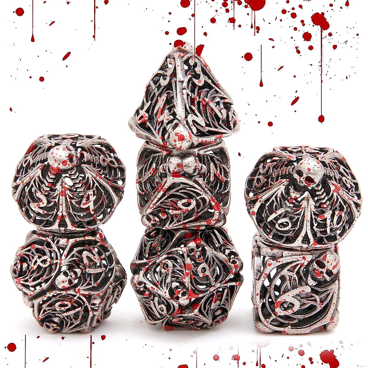 qile DND Hollow Metal dice Skeleton bloodstain 7-Piece Set, Suitable for Dungeon and Dragon RPG Board Games, D &D Pathfinder and Teaching, etc。