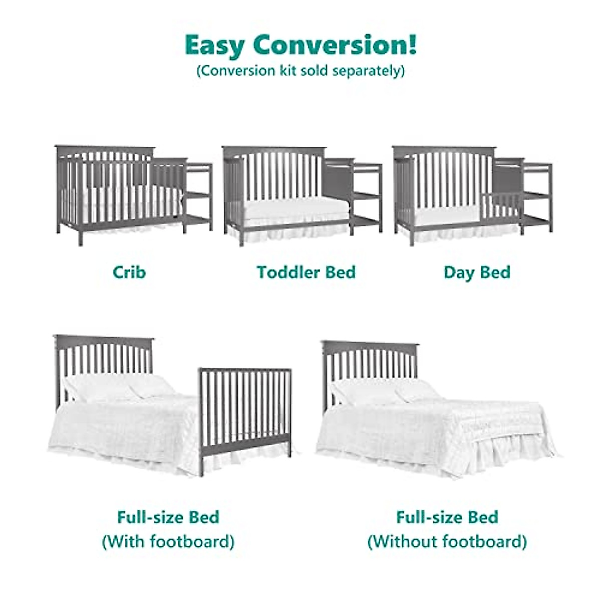 Dream On Me Chloe 5 in 1 Convertible Crib with Changer, Storm Grey