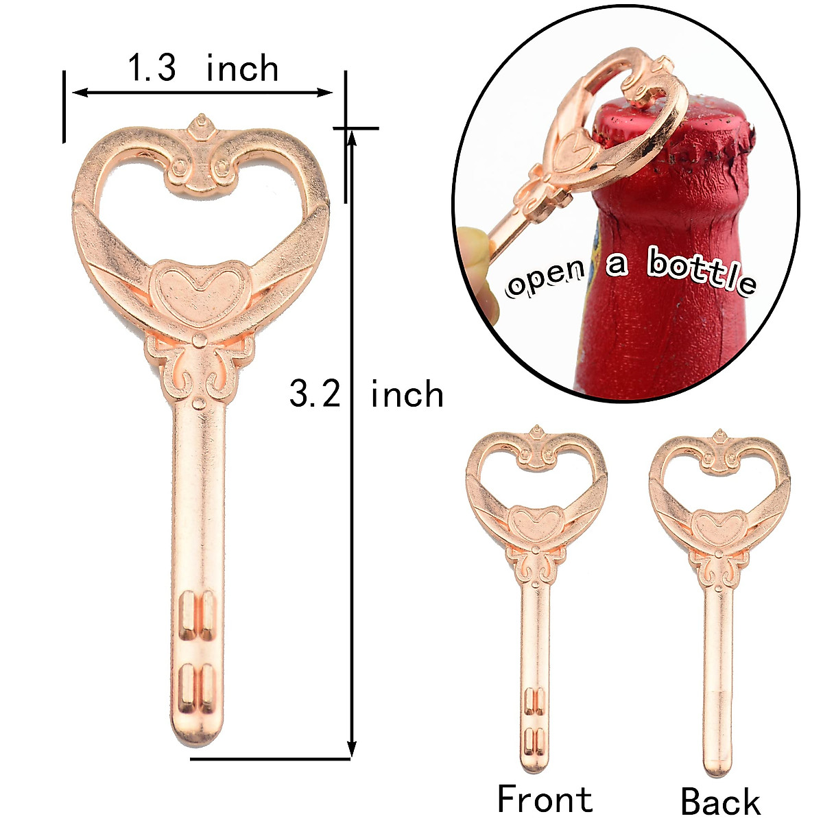 Aokbean 50pcs Key Bottle Opener Place Card Holder for Weddings Table Name Cards for Guests Souvenirs with French Ribbon (Rose Gold)