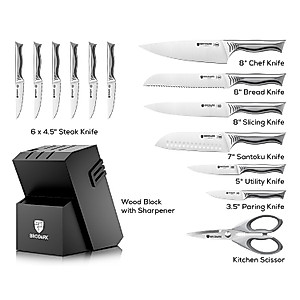 BRODARK Knife Set with Block, 15 Pieces Knife Block Set with Built-in Sharpener, One-Piece Stainless Steel Kitchen Knife Set, Razor Sharp Chef Knife Set, Shark Series