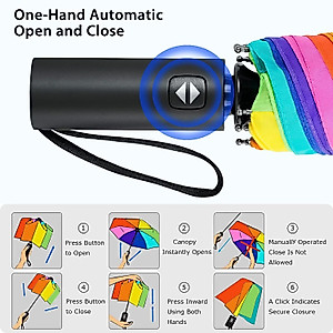 LEAGERA Rainbow Umbrella for Adults - 42inch - Automatic Folding Travel Umbrellas for Rain&Sun, Small, Compact and Portable Backpack Umbrellas