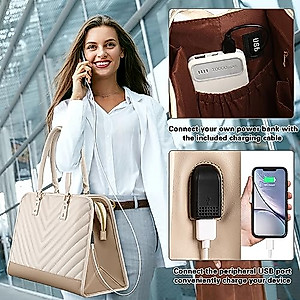 ZOMFELT Laptop Bag for Women, 15.6 inch Laptop Tote Bag with Lunch Bag & USB Charging Port, Large Waterproof Work Bag, Elegant Tote Bag for Women for Business, Work, Office, Travel, Nurse, Beige