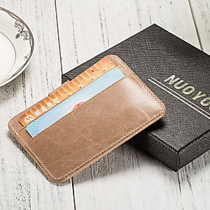 NUOYOU Handmade Genuine Leather Card Case Slim Handy Gift RFID Blocking Card Holder Minimalist Wallet for Men & Women Front Pocket Credit Card Holder (Khaki)