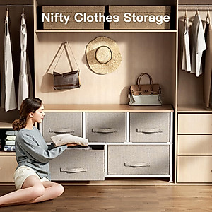 Pipishell Fabric Dresser, Dresser for Bedroom with 5 Drawers, Wide Dresser Storage Tower Organizer Unit with Wood Top and Easy Pull Handle for Closets, Living Room, Nursery Room, Hallway（Light Grey）