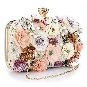 Women's Floral Evening Clutch Bag with Flower Metal Rhinestones for Women Wedding Prom Party 3D Sequins Evening Handbag (Apricot)
