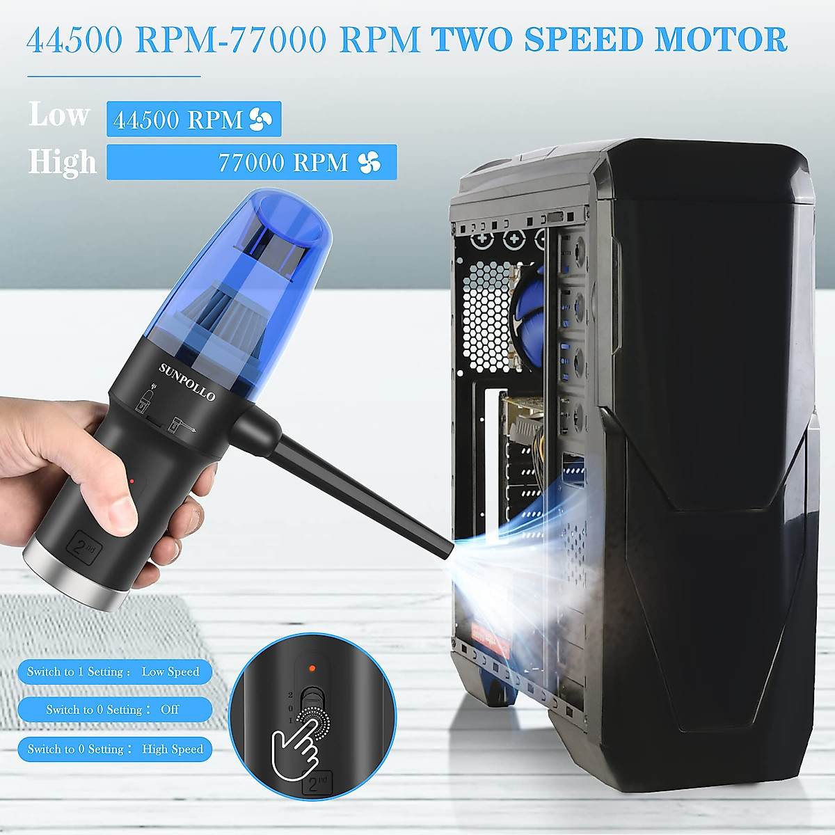 Air Duster & Vacuum 2-in-1, Cordless Electric Compressed Air Blower for Computer Keyboard Cleaning, Portable Handheld Electronics Car Computer Duster, Powerful 77000RPM Motor