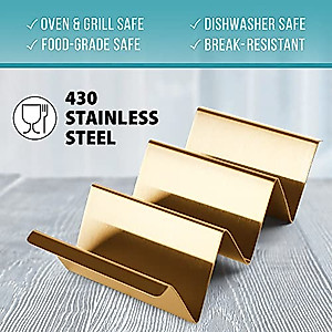 ZJZ Taco Holders 2 Packs - Stainless Steel Taco Stand Rack Tray, Reversible Tortilla Holder Tray Can Hold 2 or 3 Shells, Oven, Grill and Dishwasher Safe (Gold)