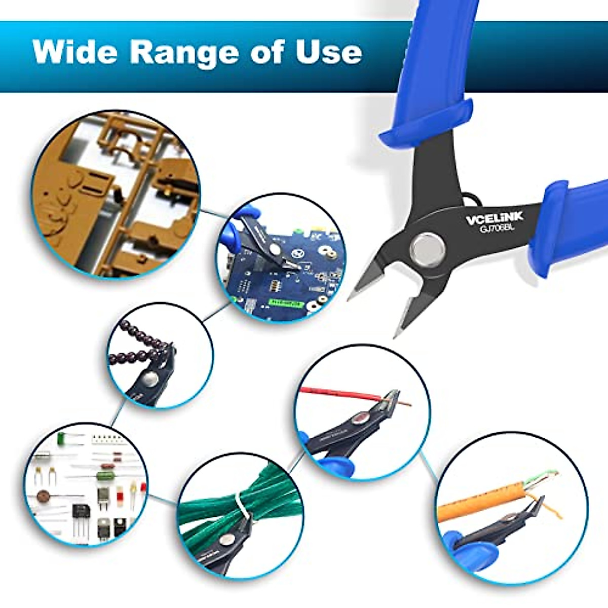 VCELINK Small Wire Cutter Spring-loaded GJ706BL, Precision Flush Cutter Pliers Diagonal Cutters for Electronics, Jewelry Making, Model Craft and 3D Printer, 5-Inch