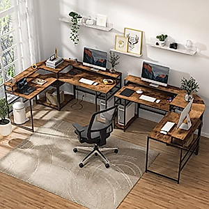AYEASY 66" Computer Desk L Shaped Desk with Storage, Reversible Corner Desk with USB Charging Port & Power Outlet,Gaming Desk L Shape with Monitor Shelf, Large Home Office Desk, Rustic Brown
