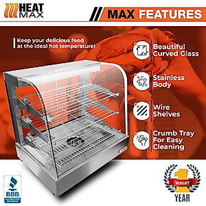 HeatMax 251823 Commercial Electric Stainless & Curved Glass Food Warmer Display Case for Pizza, Chicken, Burgers, Patties, Empanadas or any Hot Food