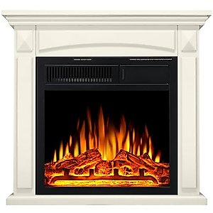 R.W.FLAME 27” Electric Fireplace Mantel Wooden Surround Firebox, TV Stand with Freestanding Electric Fireplace, Remote Control, Adjustable Led Flame, 750W/1500w Off White