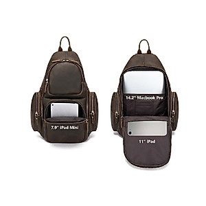 Taertii Full Grain Genuine Leather Sling Bag, Fits 14 inch Laptop, Travel Chest Crossbody Shoulder Sling Backpack Purse Daypack 17L - Brown