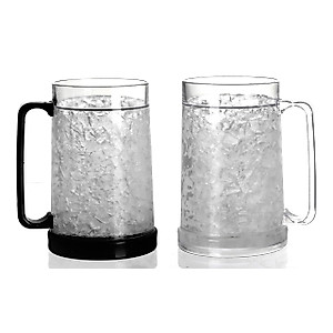 EASICOZI Double Wall Gel Frosty Freezer Ice Mugs Clear 16oz Set of 2 (Black and White)