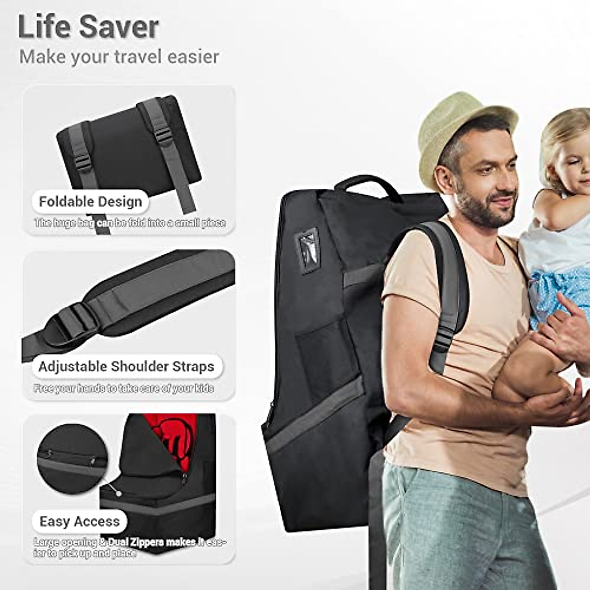 ProFaster Car Seat Travel Bag - Padded, Comfortable, Durable, Roomy Gate Check Carseat Cover Backpack Fits 3-in-1，Convertible, Booster & Infant Car Seats for Airplane, Airport, Gray