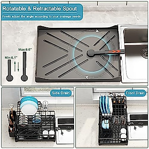Dish Drying Rack Large Dish Rack, 2 Tier Dish Racks for Kitchen Counter, Extra Roll-Up Kitchen Sink Drying Rack, Rustproof Stainless Steel Dish Drainer with Drainboard Set Utensil Holder Cup Rack