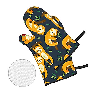 Sloth Oven Mitts and Pot Holders Sets Heat Resistant 4 Pcs for Safe BBQ Cooking Baking Grilling