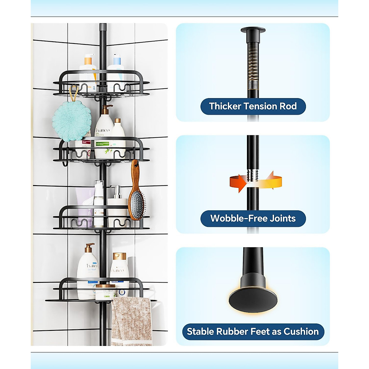 EUHOME Shower Caddy Tension Pole, Corner Shower Caddy Tension Rod 4 Adjustable Shelves Standing Shower Caddy for Bathroom Organizers Storage, Black