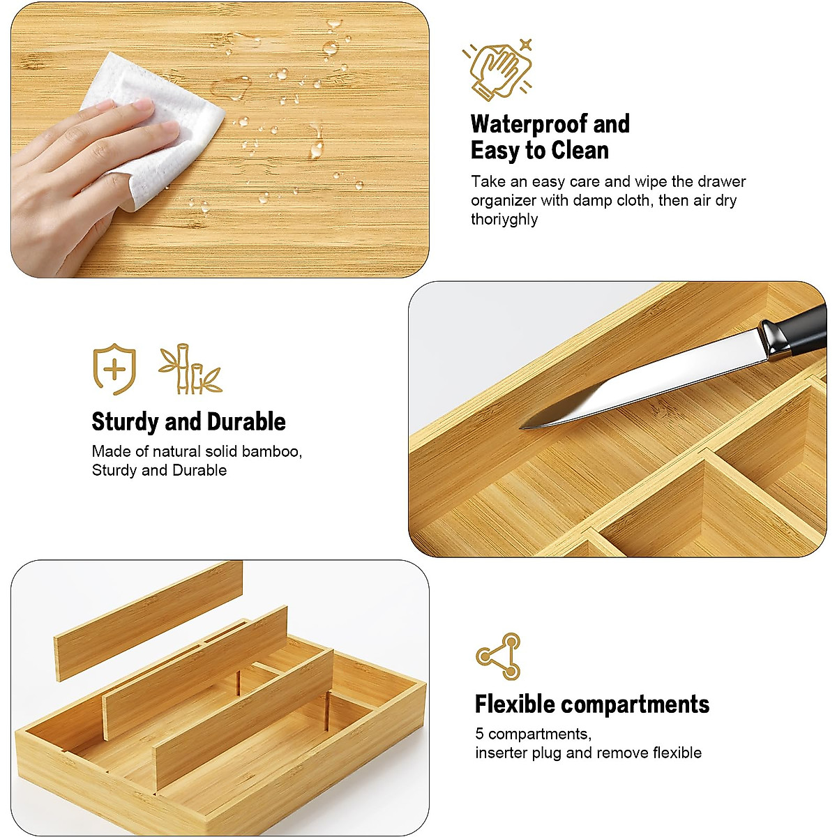 WEBACOO Bamboo Kitchen Drawer Organizer - Silverware Organizer for Kitchen Drawers - Utensil Tray and Flatware Storage for Kitchen - Flatware Organizer - Cutlery Tray with Adjustable Dividers