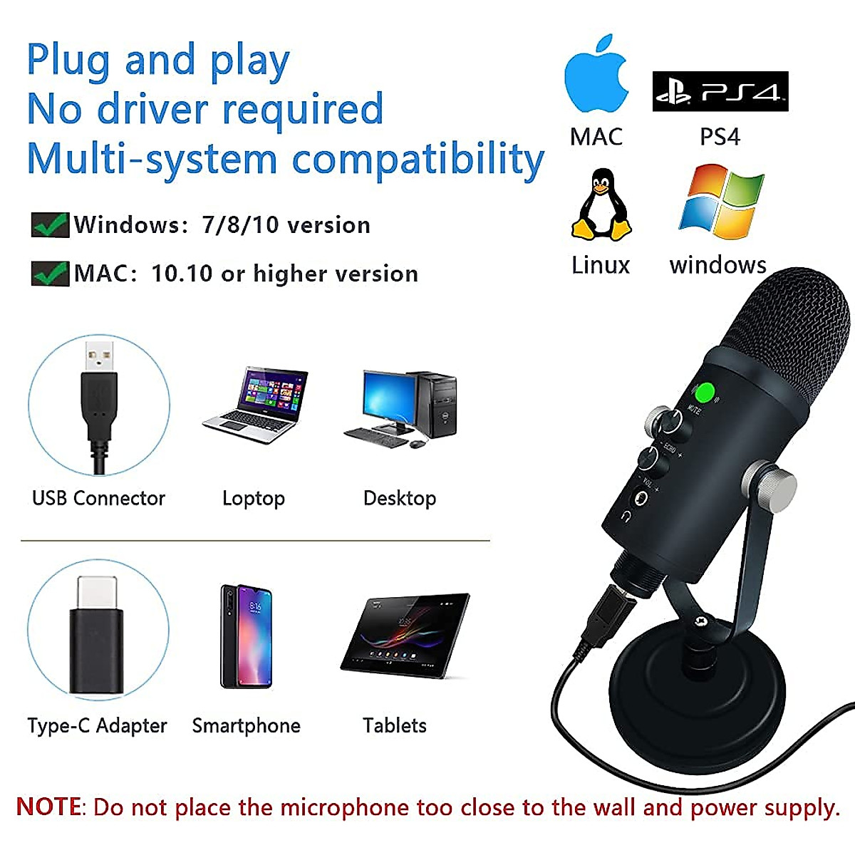 USB Microphone, Condenser Computer Microphone for Streaming, Gaming, YouTube Recording, Plug and Play,Headphone Output and Volume Control,Quick Mute Button,Compatible with Laptop, Phone (Black)