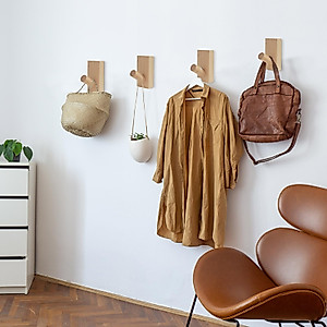 DINGEE Wall Hooks for Hanging Heavy Duty 6 Pack Wood Coat Hooks Wall Mounted, Adhesive Wall Hooks for Hat, Towel, Purse, Cloth, Plants, Bag,Natural Wooden Utility Hooks for Hanging