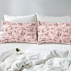 Feelyou Kids Wild West Cowboy Bedding Set Twin Size Western Decor Duvet Cover for Boys Girls Teens Bedroom Decor Rodeo Cowboy Style Comforter Cover Set Pink Bedspread Cover with 1 Pillow Case