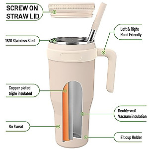 Zukro 50 oz Mug Tumbler with Handle and Screw on Lid, Vacuum Insulated Stainless Steel Tumbler with Straw Lid, Leakproof Straw Cup, Keeps Drinks Cold 30 Hours, Fit in Cup Holder - Beige