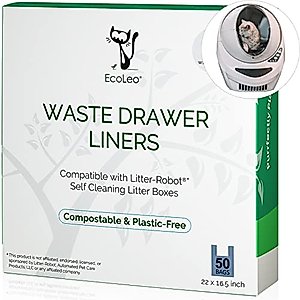 EcoLeo Liners, Litter-Robot 3 Compatible, Compostable New & Improved, Plastic-Free bags with Handles, Thick, for Automatic Litter Box Waste Drawers (50-Count)